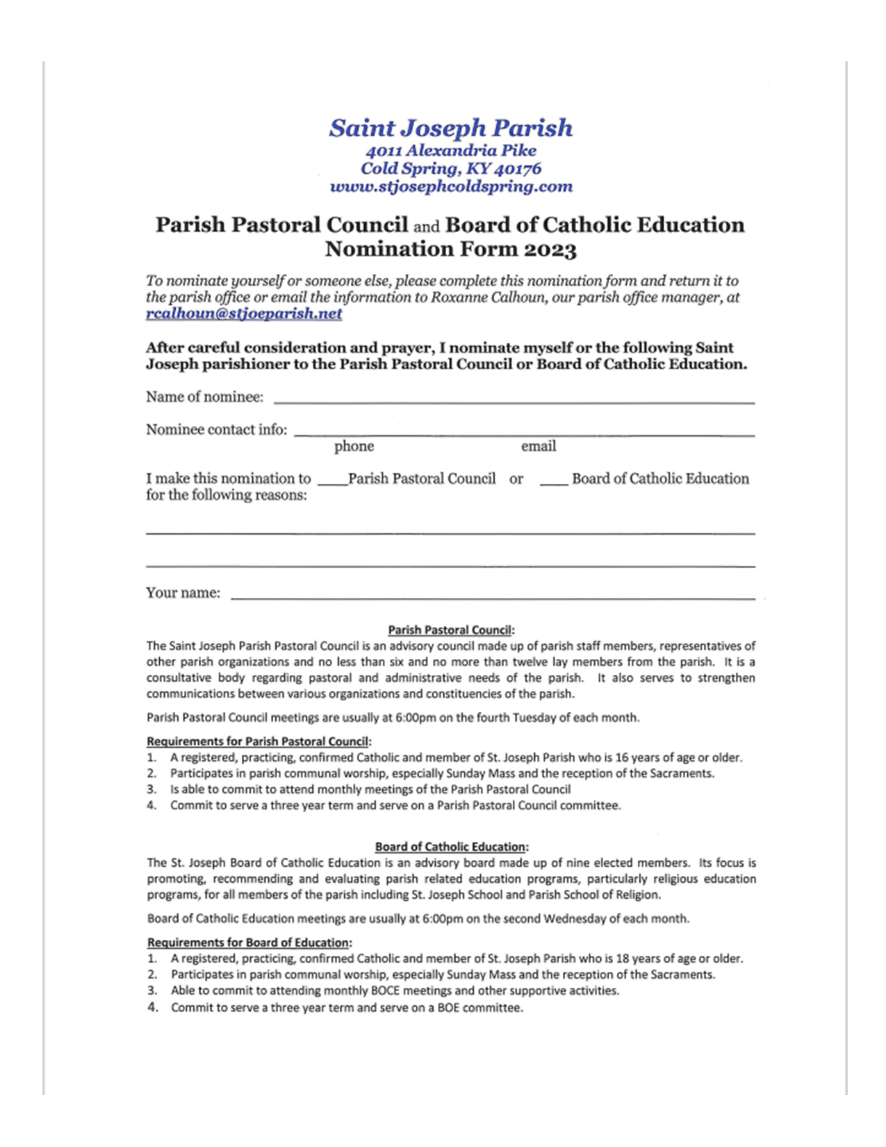 Parish Council Nomination Form – St Joseph Church
